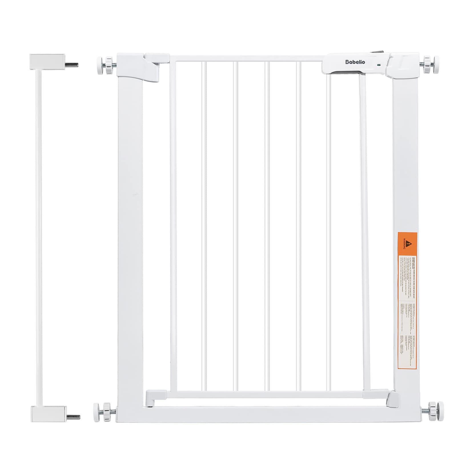 BABELIO 26-32 Inch Easy Install Narrow Pressure Mounted Metal Baby Gate, No Drilling, No Tools Required, with Wall Protectors and Extenders (White)