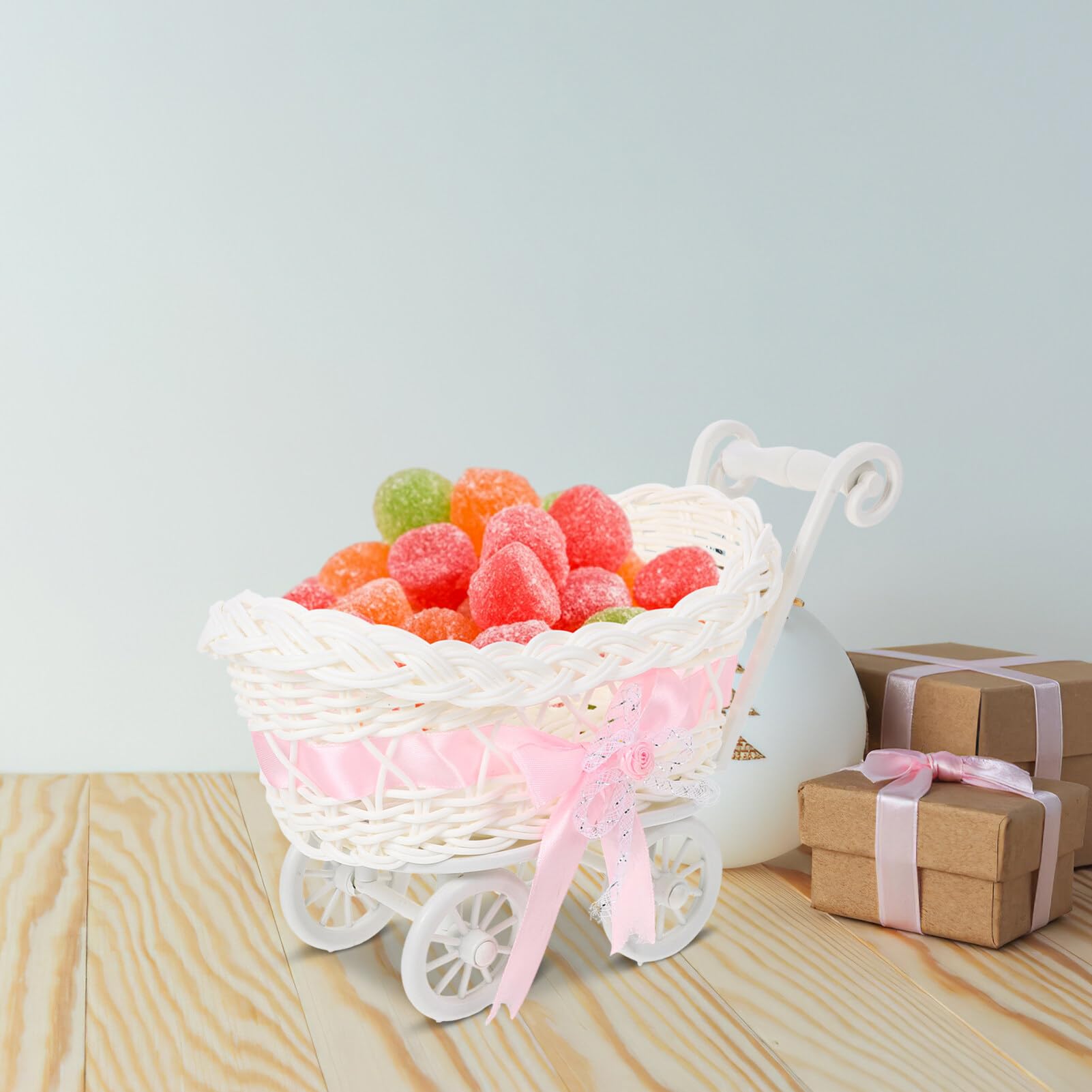 STOBOK Wicker Stroller Decoration Rattan Baby Carriage Baby Doll Stroller Woven Flower Basket Baby Shower Centerpiece Stroller for Baby Shower Party Favors Pink