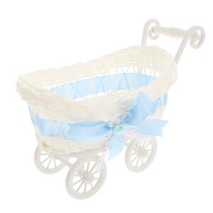 stobok wicker stroller decoration rattan baby shower bassinet baby doll stroller woven flower basket baby shower centerpiece stroller for baby shower - blue