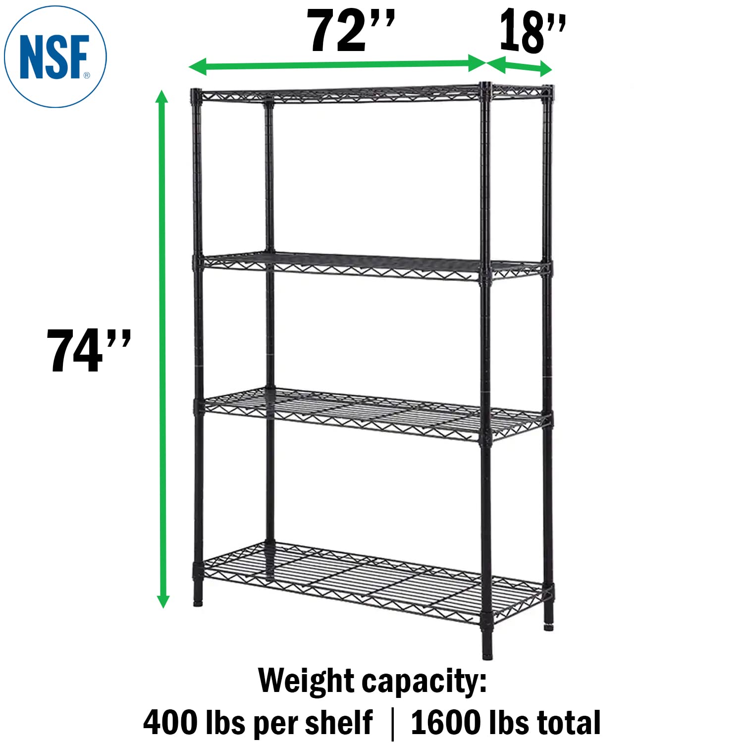 Regal Altair 4 Tier Black Epoxy Wire Shelving Kit | NSF Commercial Storage Rack Unit (18" Deep x 72" Wide x 74" High)