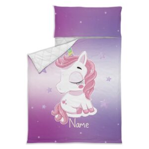 personalized cute unicorn toddler nap mat – custom name sleeping bag wiht pillow case and blanket qulit for preschool daycare kindergarten - back to school gift for girls boys kids ages 2-4