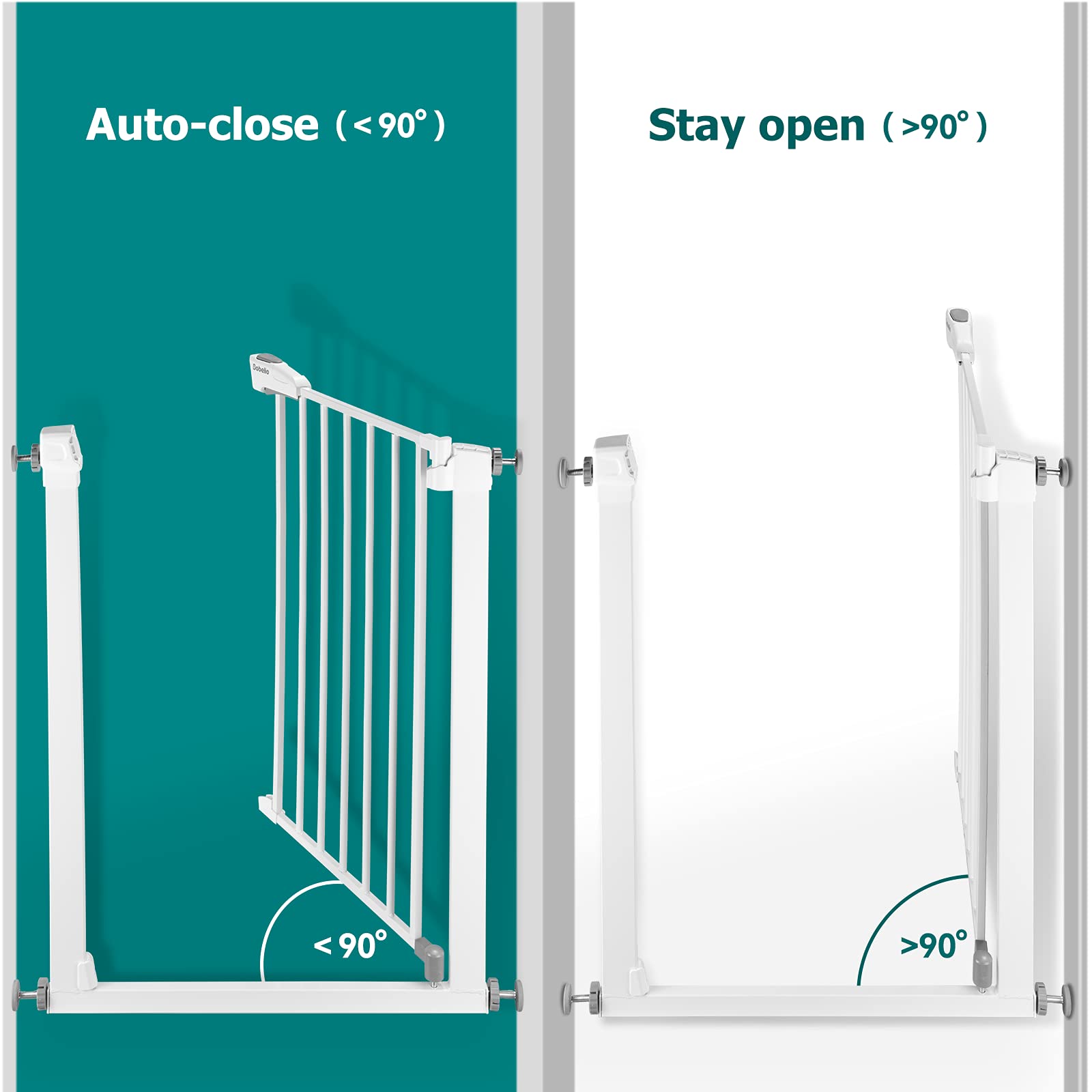 BABELIO 26-32 Inch Easy Install Narrow Pressure Mounted Metal Baby Gate, No Drilling, No Tools Required, with Wall Protectors and Extenders (White)