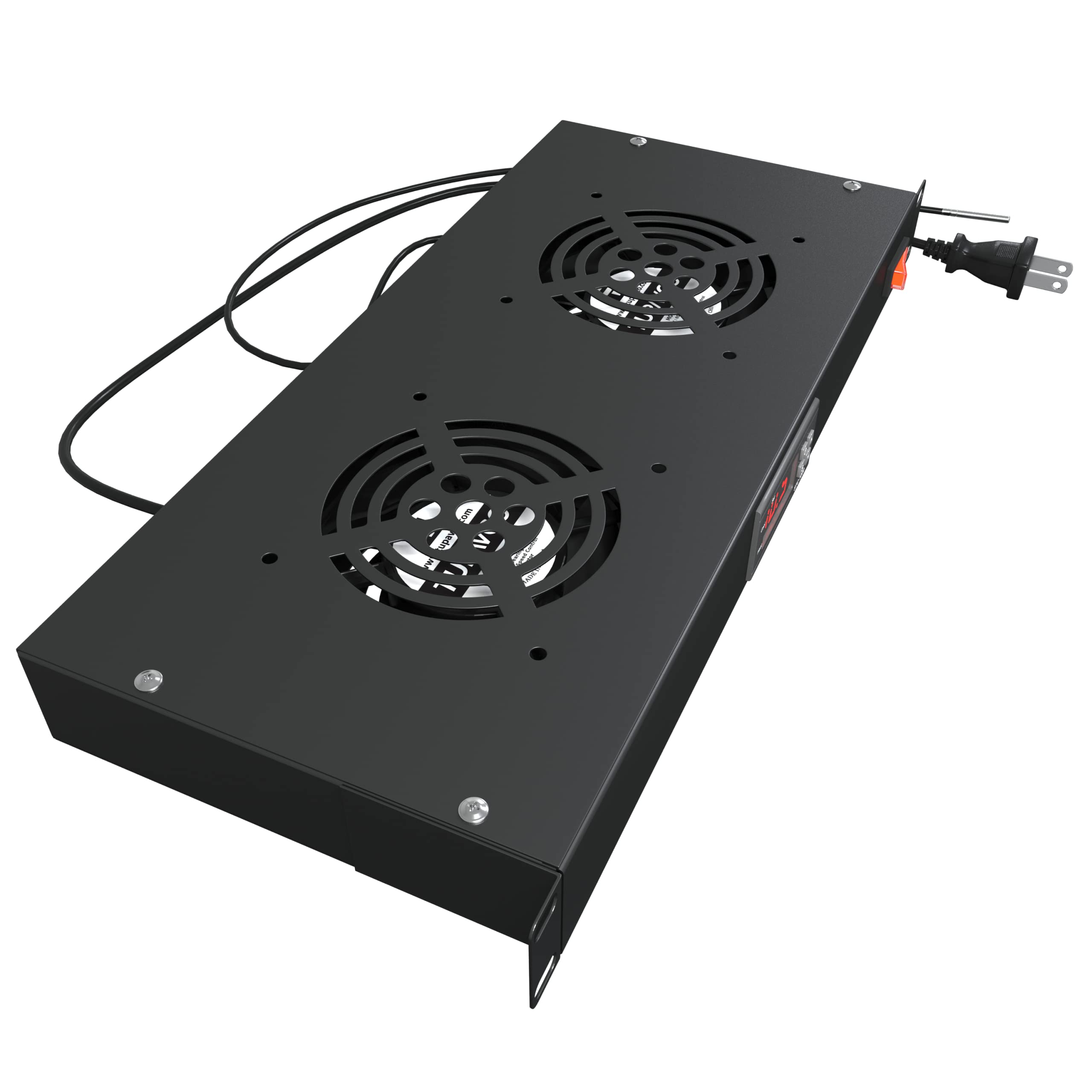 Rack Mount Fan - 2 Fan Server Cooling System - 1U 19" Rackmount Cabinet Panel Adjustable Temperature Control (Digital Heat Monitor Display) Sensor Alarm (Overheat Air Flow Top Exhaust) Tupavco TP1721