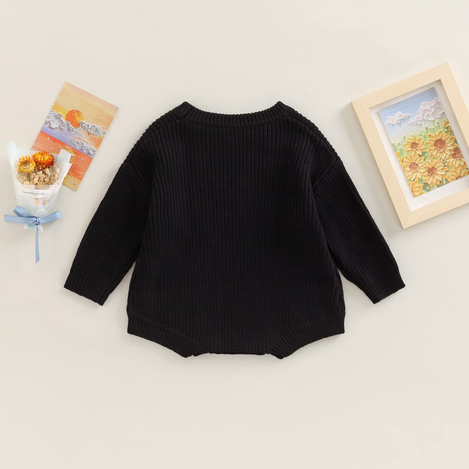 Merqwadd Baby Sweater Boy Girl Winter Clothes Knit Oversize Romper Warm Crewneck Long Sleeve Top Onesie for Toddlers (Black,0-3 Months)