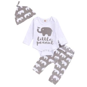 aruzig newborn baby boys elephant clothes set long sleeve romper bodysuit pants hat 3pcs outfit (long sleeve elephant, 0-3 months)