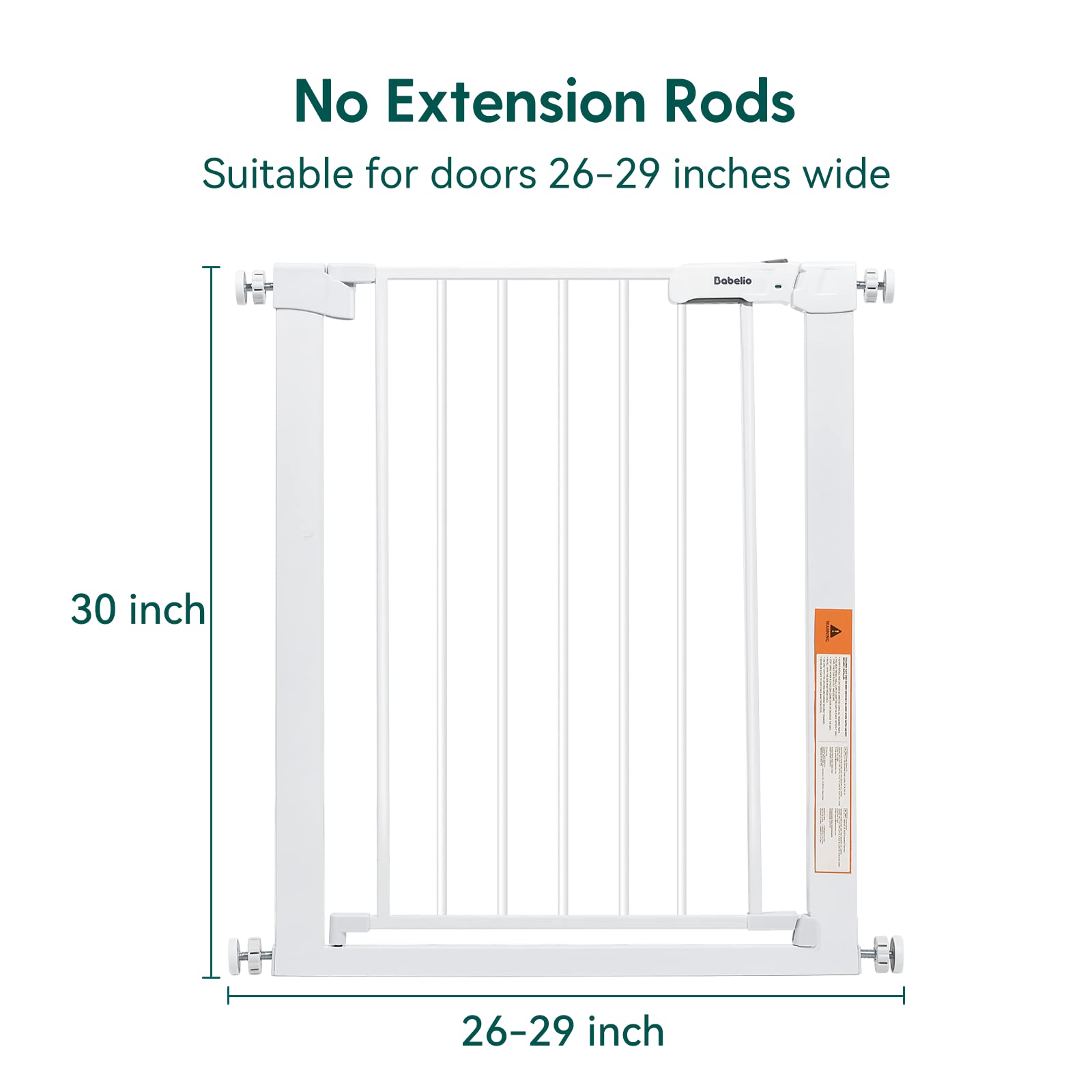 BABELIO 26-32 Inch Easy Install Narrow Pressure Mounted Metal Baby Gate, No Drilling, No Tools Required, with Wall Protectors and Extenders (White)