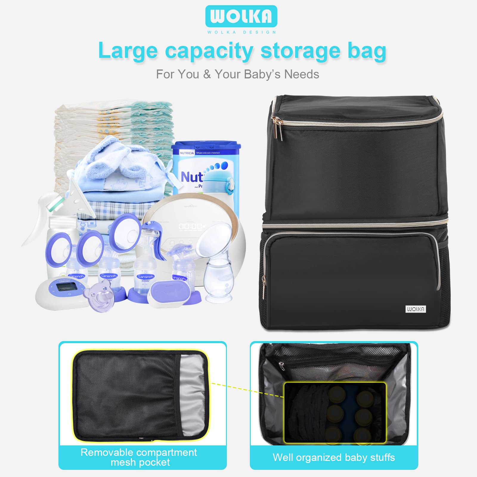 Wolka Breast Pump Bag with Dual Insulated Compartments & Removable Divider,Breast Milk Cooler Travel Bacpak with 50 cans Capacity,Fit Most Breast Pumps Like Medela, Spectra S1,S2, Evenflo