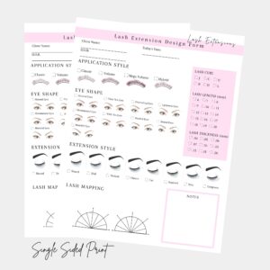 Lash Extension Eyelash Consent, Intake, Aftercare forms with Mapping length curl application style | 75 Pack | 25 of each Consent, Intake, Aftercare, and Design Forms for Lash Artists | 8.5 x 11 inch