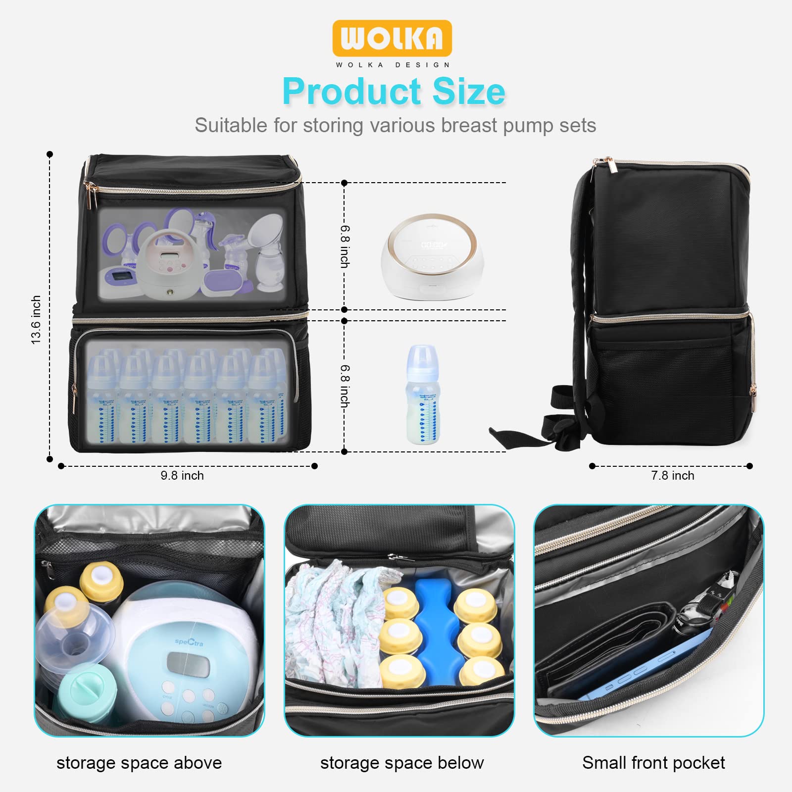 Wolka Breast Pump Bag with Dual Insulated Compartments & Removable Divider,Breast Milk Cooler Travel Bacpak with 50 cans Capacity,Fit Most Breast Pumps Like Medela, Spectra S1,S2, Evenflo