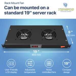 Rack Mount Fan - 2 Fan Server Cooling System - 1U 19" Rackmount Cabinet Panel Adjustable Temperature Control (Digital Heat Monitor Display) Sensor Alarm (Overheat Air Flow Top Exhaust) Tupavco TP1721