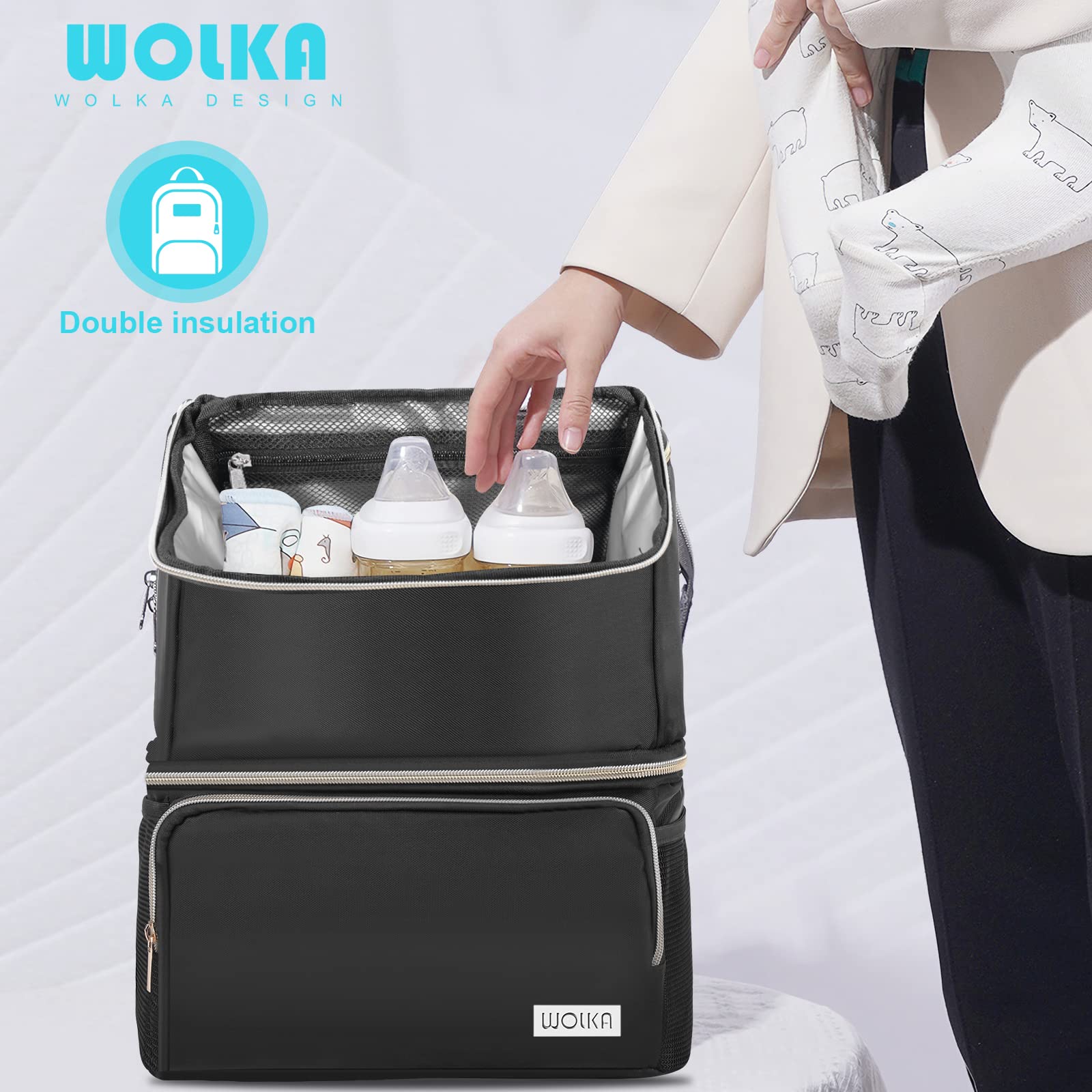 Wolka Breast Pump Bag with Dual Insulated Compartments & Removable Divider,Breast Milk Cooler Travel Bacpak with 50 cans Capacity,Fit Most Breast Pumps Like Medela, Spectra S1,S2, Evenflo