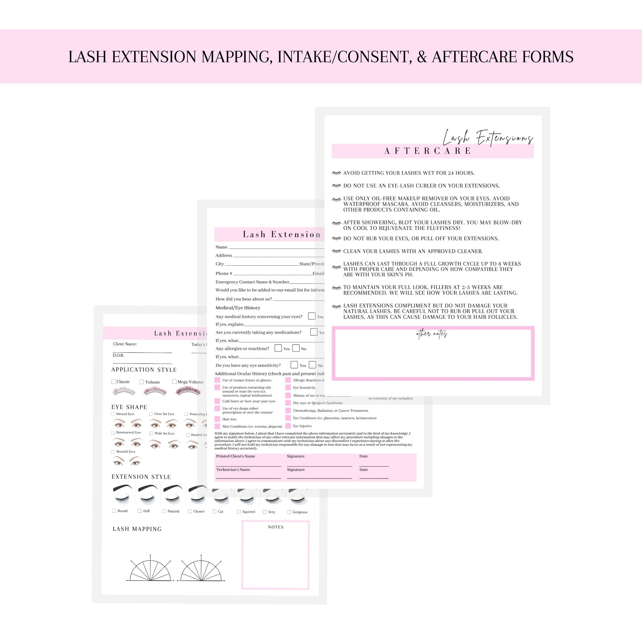 Lash Extension Eyelash Consent, Intake, Aftercare forms with Mapping length curl application style | 75 Pack | 25 of each Consent, Intake, Aftercare, and Design Forms for Lash Artists | 8.5 x 11 inch