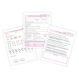 lash extension eyelash consent, intake, aftercare forms with mapping length curl application style | 75 pack | 25 of each consent, intake, aftercare, and design forms for lash artists | 8.5 x 11 inch