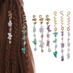 frdtluthw colored natural stone pendant hair jewelry for braids, crystal dreadlock accessories for women(pack of 6)