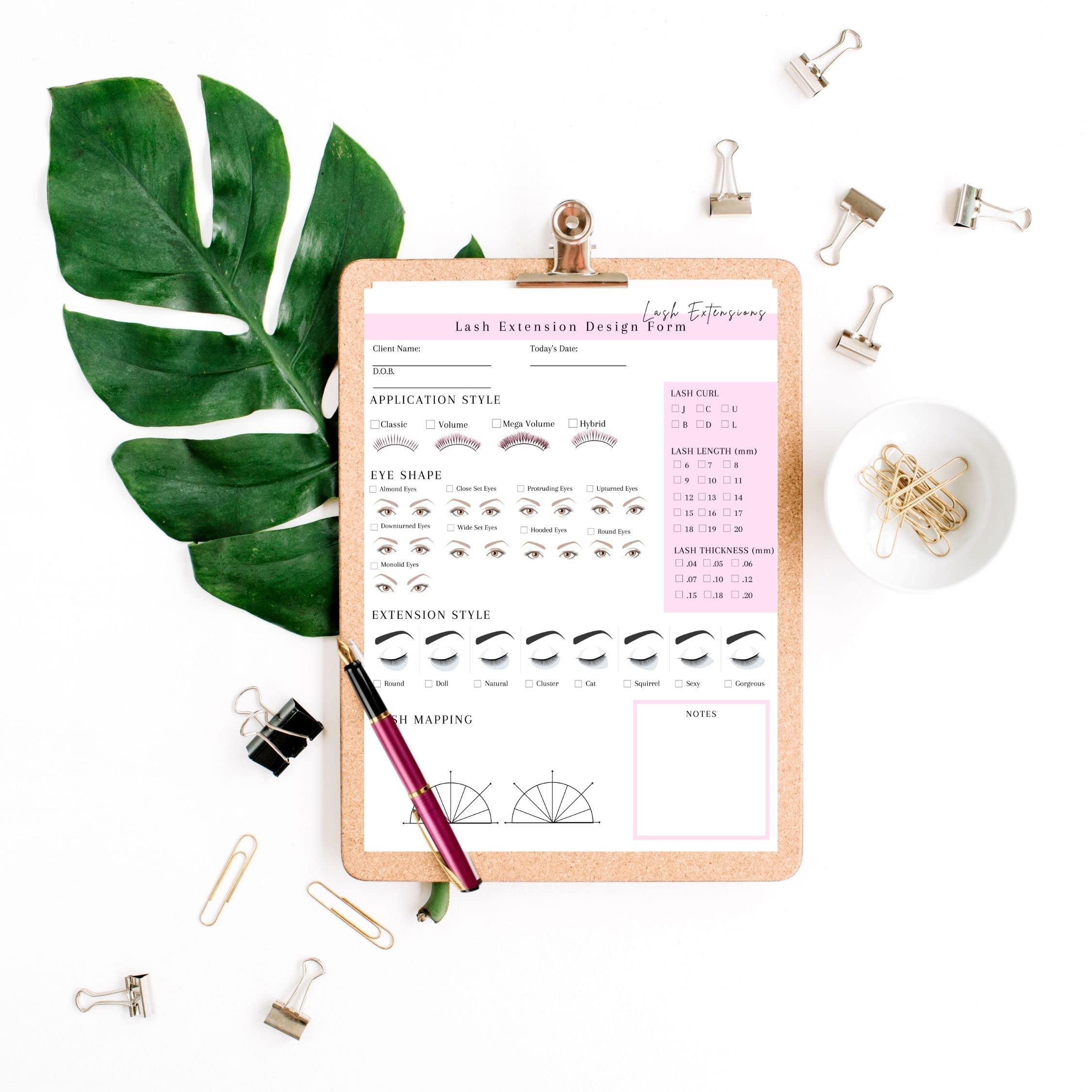 Lash Extension Eyelash Consent, Intake, Aftercare forms with Mapping length curl application style | 75 Pack | 25 of each Consent, Intake, Aftercare, and Design Forms for Lash Artists | 8.5 x 11 inch