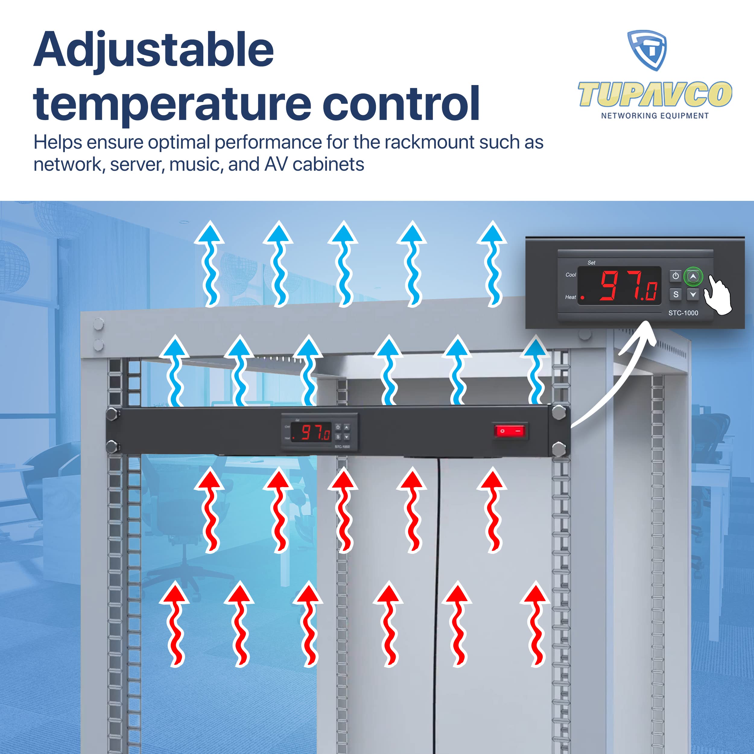 Rack Mount Fan - 2 Fan Server Cooling System - 1U 19" Rackmount Cabinet Panel Adjustable Temperature Control (Digital Heat Monitor Display) Sensor Alarm (Overheat Air Flow Top Exhaust) Tupavco TP1721