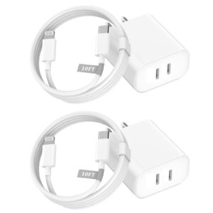 iphone fast charger, [apple mfi certified] 2 pack 20w 40w dual usb c wall charger block with 10 ft long type c to lightning fast charging data sync cable for iphone 14 13 12 11 pro max xs xr x 8 ipad