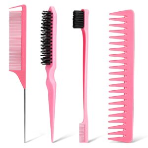 anmieciu hair comb set, 4pcs bristle hair edge brush, teasing brush comb, rat tail comb and wide tooth comb for women girls men combing, smoothing and styling hair (pink)