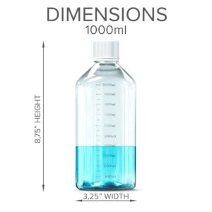 G6 Scientific 1000 ml Plastic Reagent Bottle 4-Pack Laboratory Chemical Storage - Clear Graduated Square Polycarbonate Plastic Leakproof Bottles