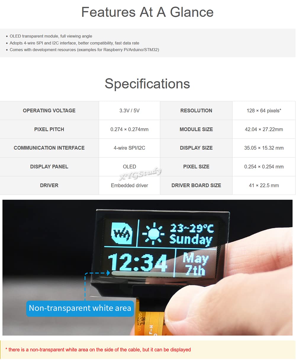 1.51inch 128×64 Transparent OLED Light Blue Color Display Module SPI/I2C Interfaces for Raspberry Pi 4 3 / STM32 etc @XYGStudy