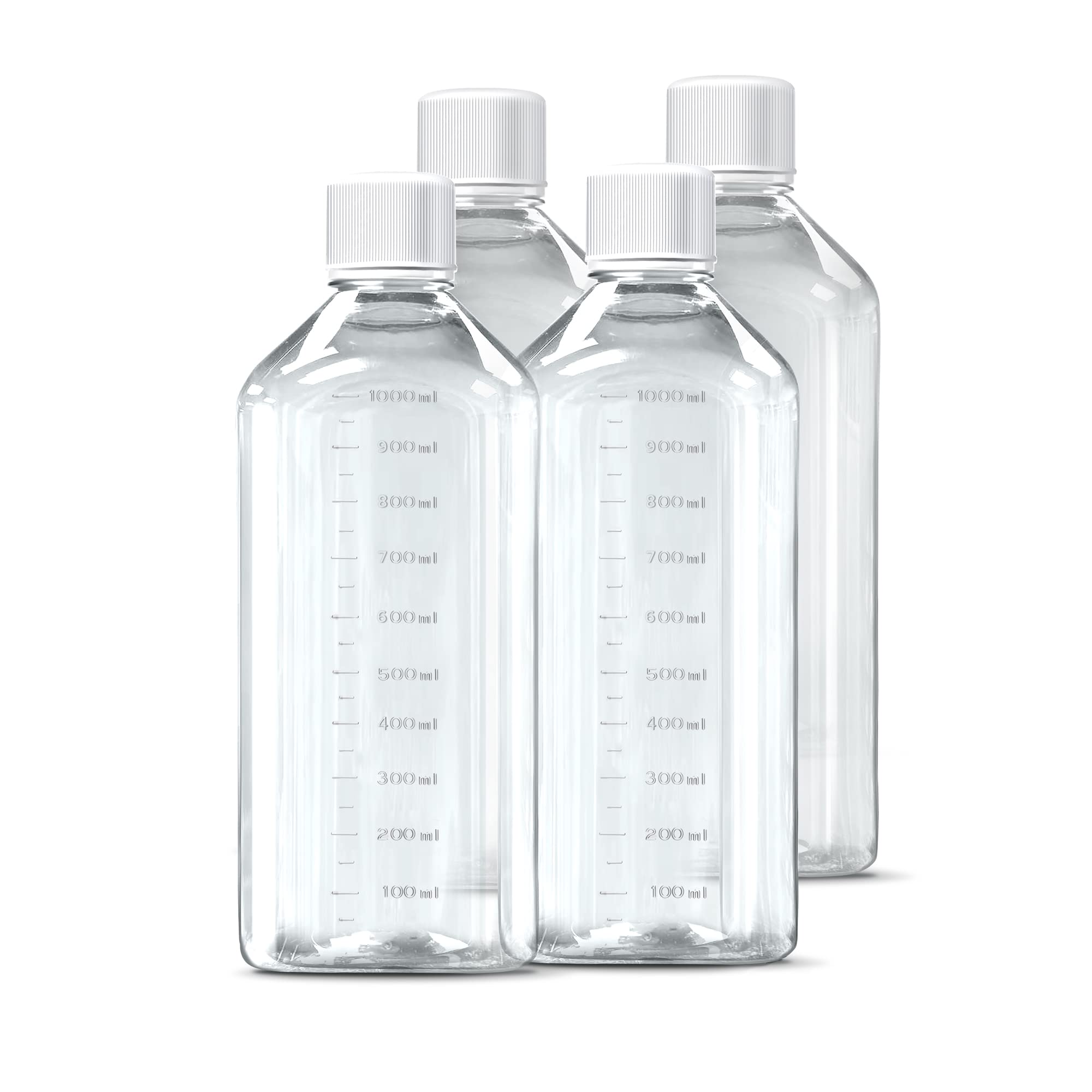 G6 Scientific 1000 ml Plastic Reagent Bottle 4-Pack Laboratory Chemical Storage - Clear Graduated Square Polycarbonate Plastic Leakproof Bottles