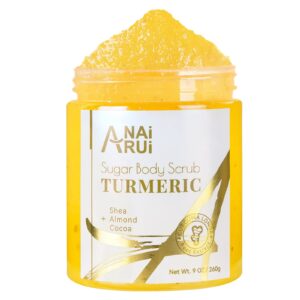 anai rui turmeric body scrub, sugar scrub for exfoliating, smoothing, hydrating skin, skin brightening face & body scrub with turmeric, turmeric body scrub exfoliator, 9 oz