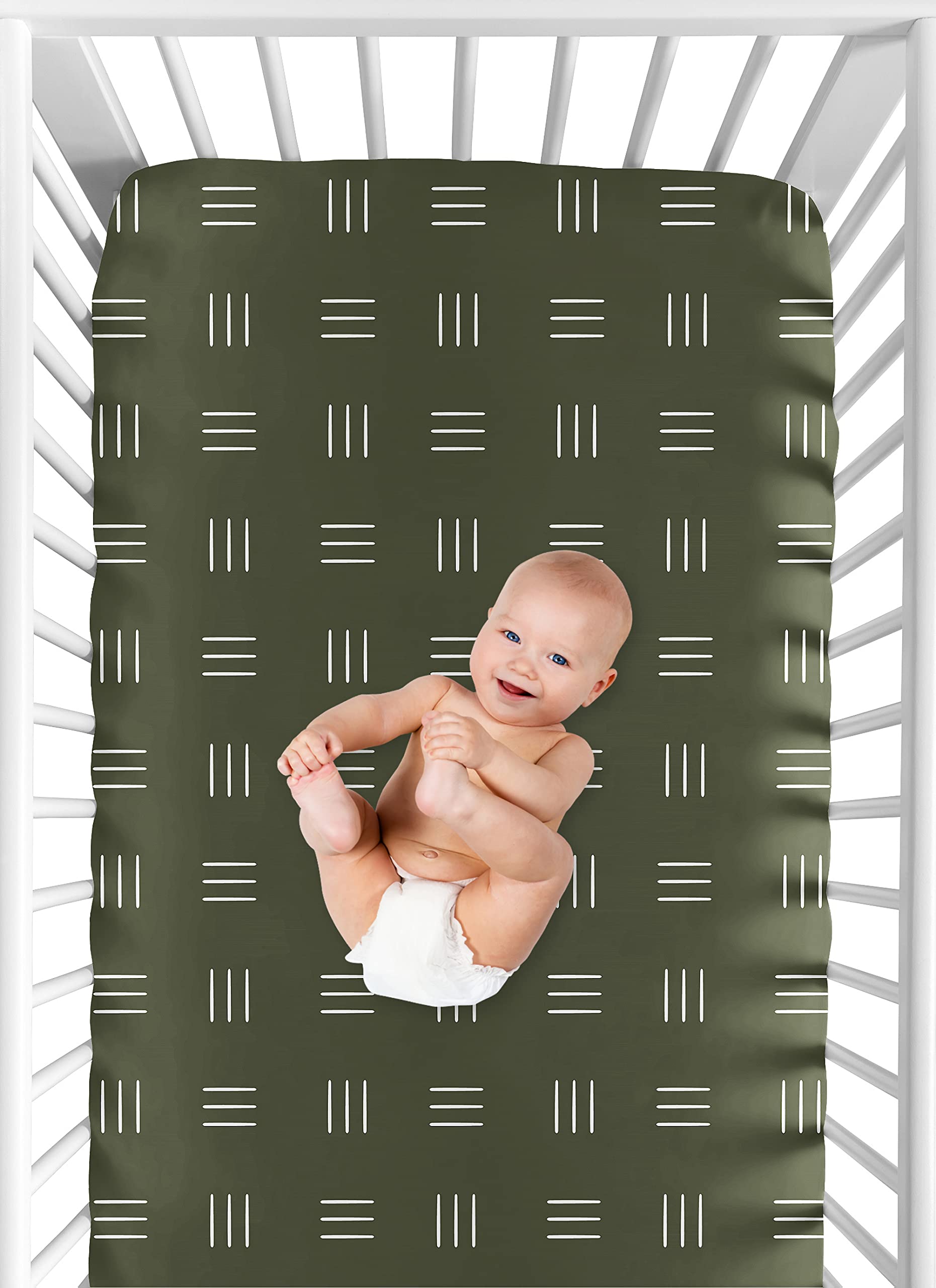 Sweet Jojo Designs Hunter Green Boy Girl Fitted Crib Sheet Baby Toddler Nursery White Bohemian Woodland Tribal Southwest Mud Cloth Hatch Gender Neutral Triple Line for Safari Jungle Animal Collection