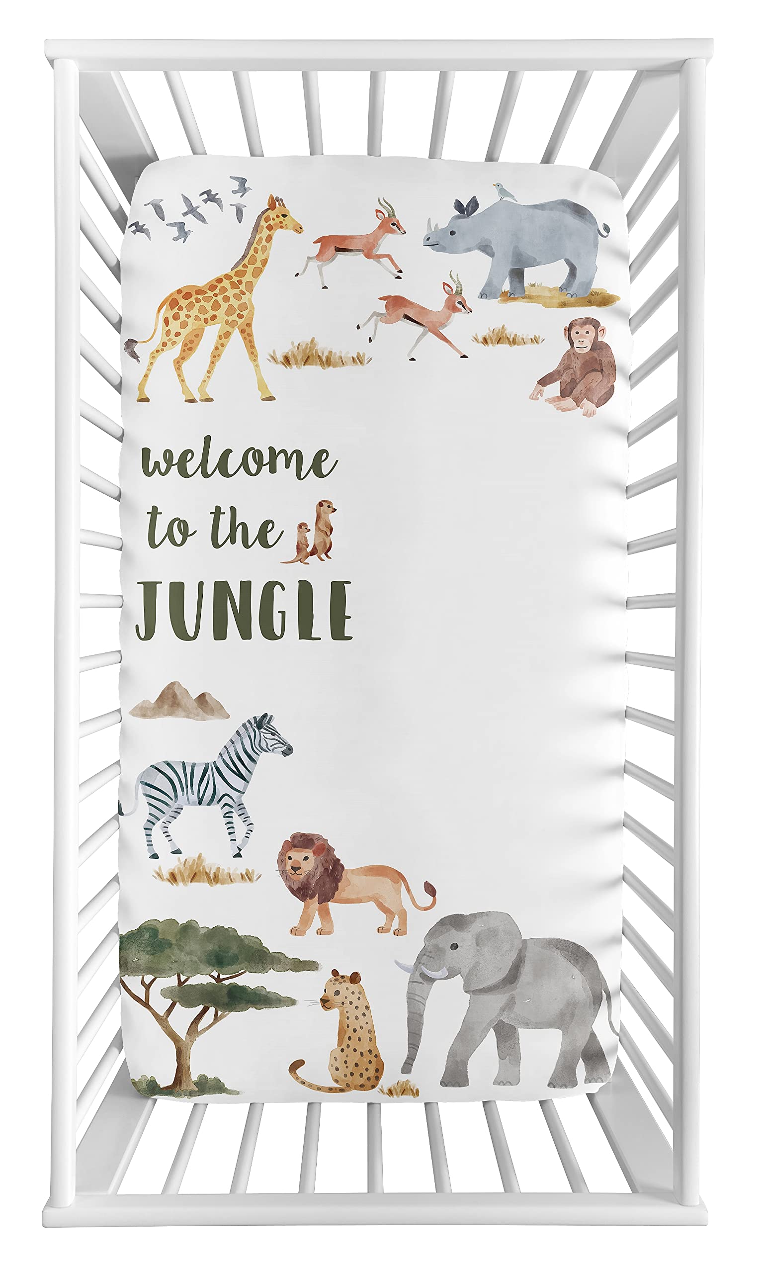 Sweet Jojo Designs Jungle Animals Boy Girl Fitted Crib Sheet Baby Toddler Nursery Photo Op Hunter Green Yellow Grey Orange Black White Gray Wildlife Safari Animal Elephant Giraffe Lion Monkey Leopard