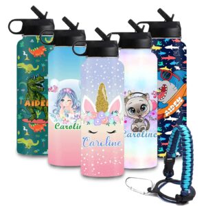 personalized water bottle for kids with straw lid,custom stainless steel sports water bottle with name or text-double wall vacuum insulated gift cup for kids women men