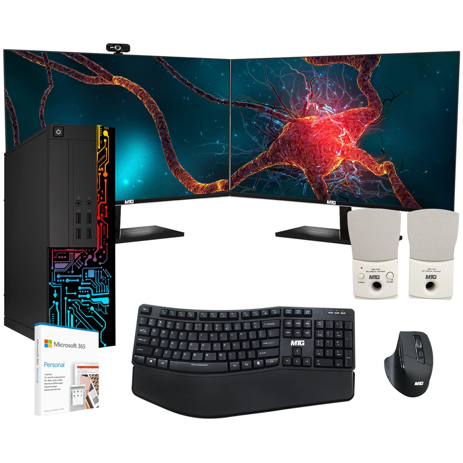 Computer Desktop PC, Intel Core i7, Siwa 8, 16GB RAM, 128GB SSD Boot, 2TB HDD, MTG Dual 24 Inch Monitor, Wireless Ergonomic Keyboard Mouse, Speaker, Webcam, Office 365, WiFi, Win 11 Home (Renewed)