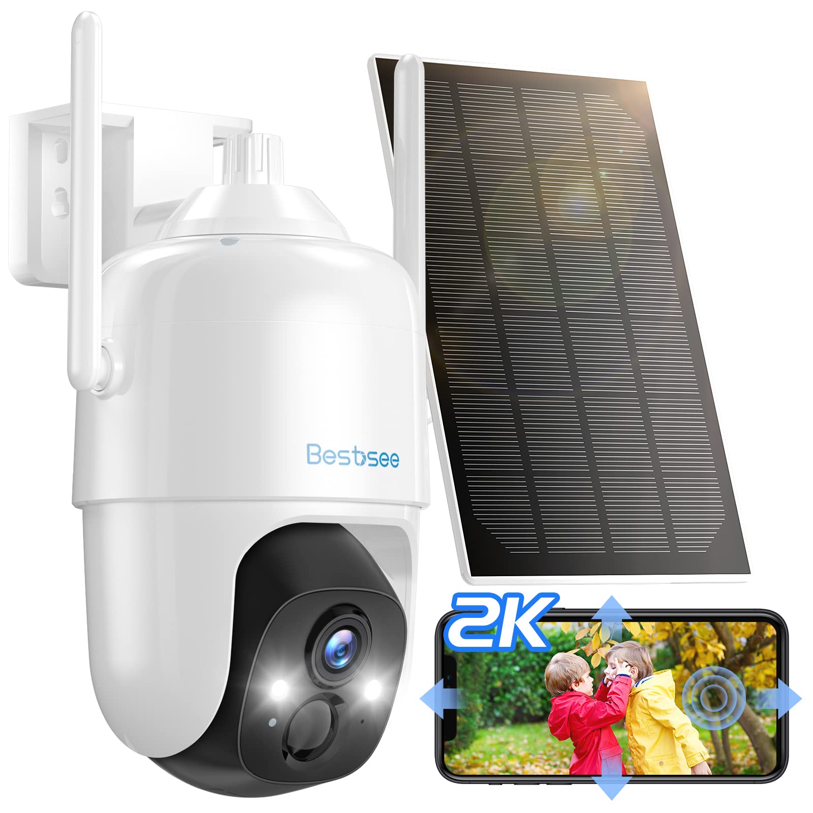 Bestsee Solar Security Camera Outdoor, 2K 360° View PTZ 2.4G Wireless Cameras for Home Security with Mobile App, Spotlight & Siren/3MP Color Night Vision/2-Way Talk/AI Motion Detection/SD/Cloud