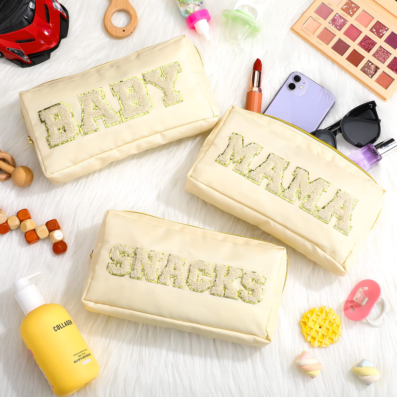 3 Pcs Preppy Pouch Small Nylon Makeup Bag Baby Zipper Travel Toiletry Bag for Women Waterproof Mama Makeup Organizer Bag Snacks Cosmetic Travel Pouch with Chenille Letter Patches for Girls Kid Storage