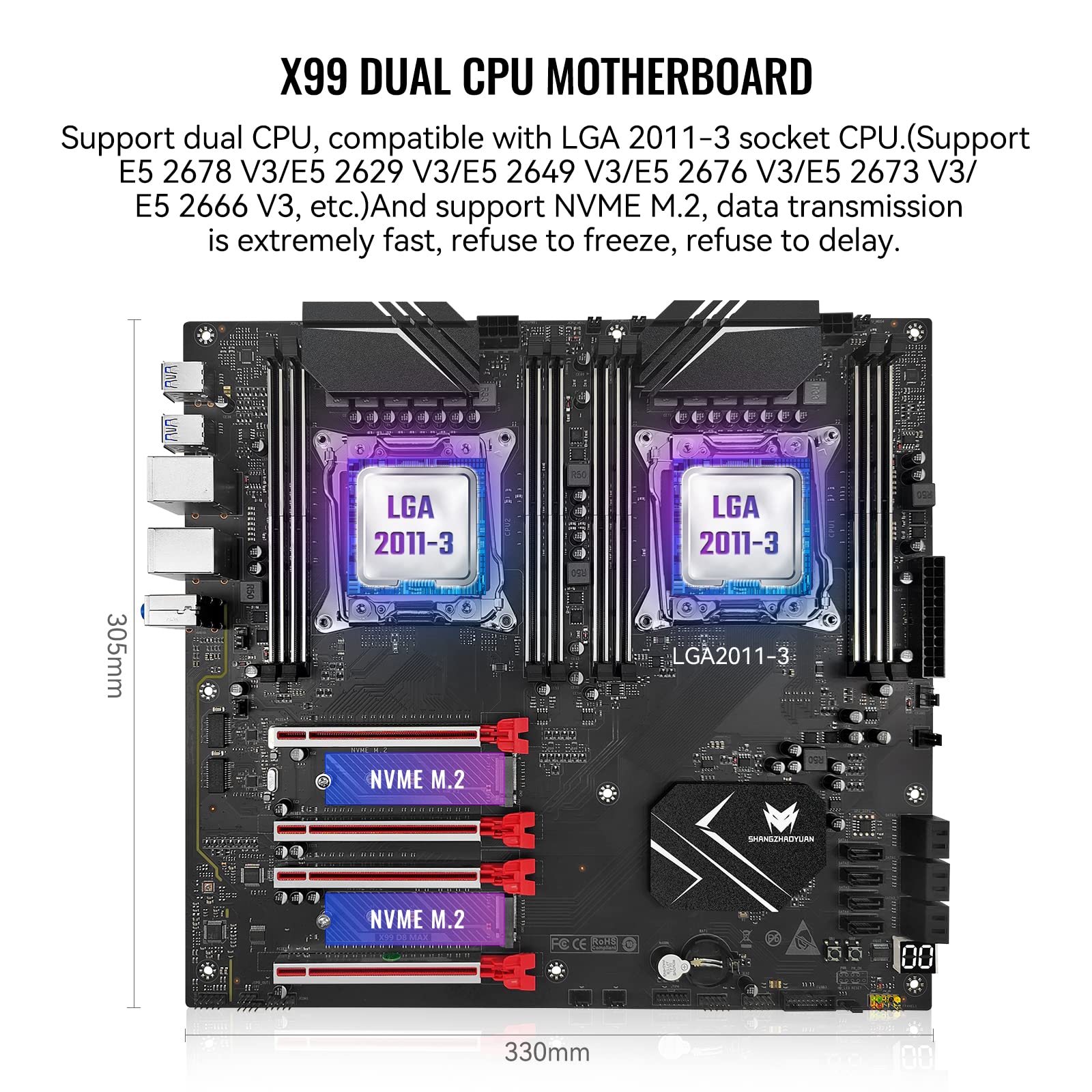 SHANGZHAOYUAN X99 Dual CPU Motherboard LGA 2011-3 Server Motherboard for Intel i7 5th/6th Gen Xeon E5 V3/V4 Series (E-ATX, 8*DDR4 ECC Max 256G, 2*NVME M.2, 2*Gb LAN, SATA 3.0, PCIe 3.0)