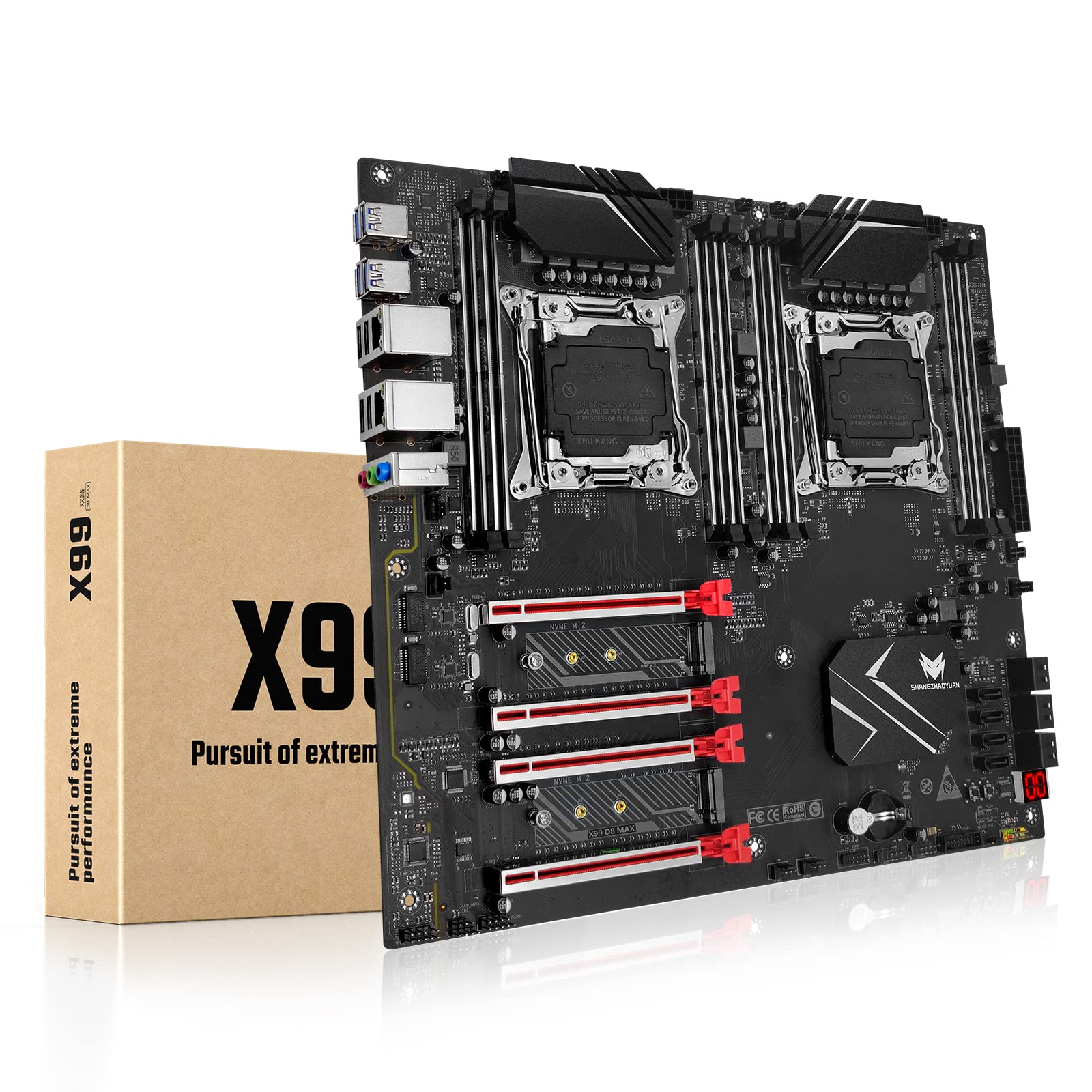 SHANGZHAOYUAN X99 Dual CPU Motherboard LGA 2011-3 Server Motherboard for Intel i7 5th/6th Gen Xeon E5 V3/V4 Series (E-ATX, 8*DDR4 ECC Max 256G, 2*NVME M.2, 2*Gb LAN, SATA 3.0, PCIe 3.0)