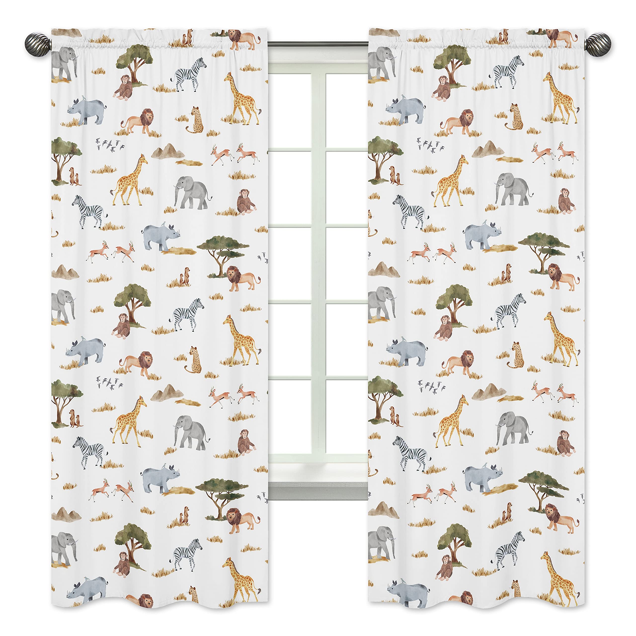 Sweet Jojo Designs Jungle Animals Window Treatment Panels Curtains Set of 2 Dark Hunter Green Yellow Grey Rust Orange Black White Wildlife Safari Animal Elephant Giraffe Lion Monkey Leopard Cheetah