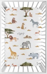 sweet jojo designs jungle animals boy girl fitted mini crib sheet baby nursery portable crib pack and play hunter green yellow grey black white wildlife safari animal elephant giraffe monkey leopard