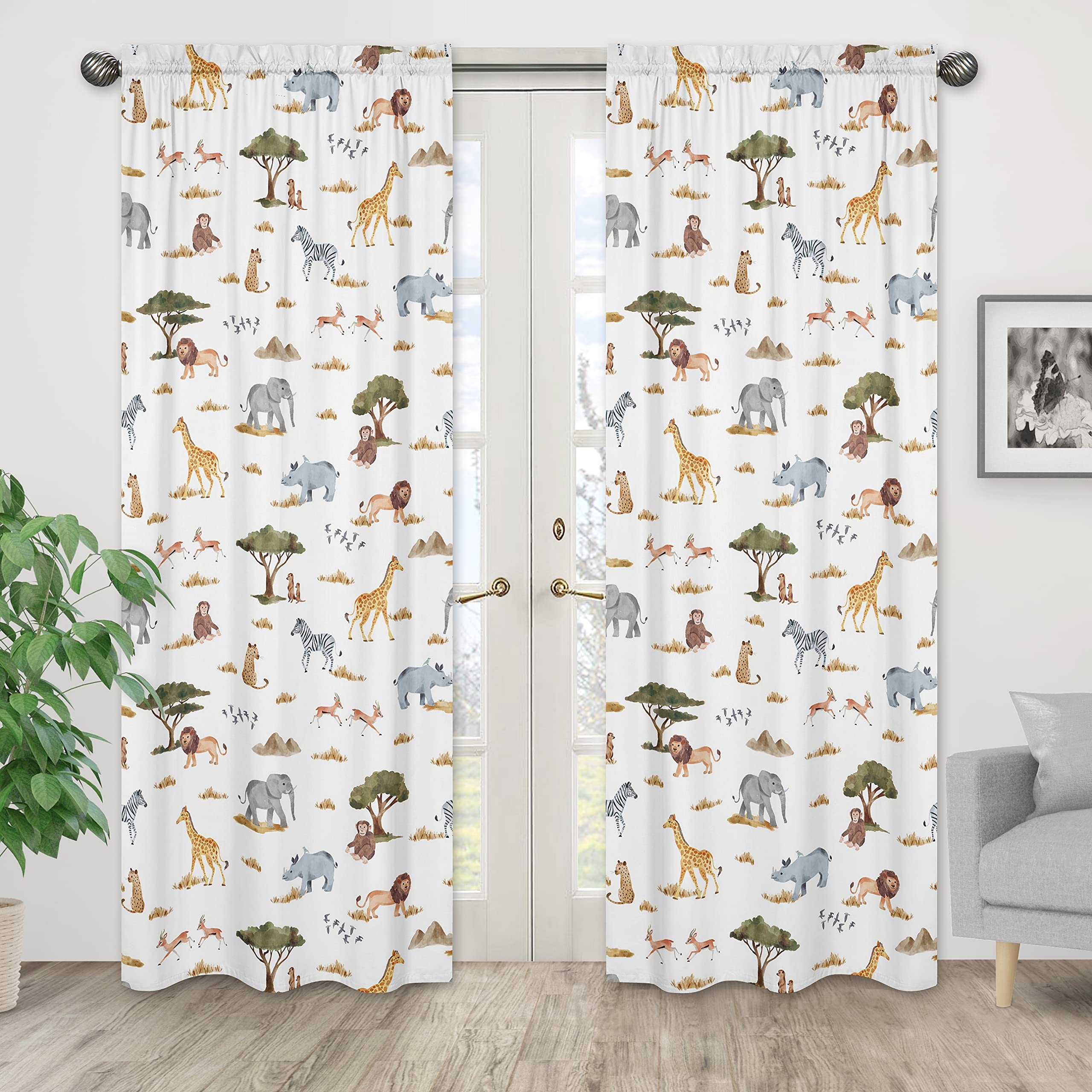 Sweet Jojo Designs Jungle Animals Window Treatment Panels Curtains Set of 2 Dark Hunter Green Yellow Grey Rust Orange Black White Wildlife Safari Animal Elephant Giraffe Lion Monkey Leopard Cheetah