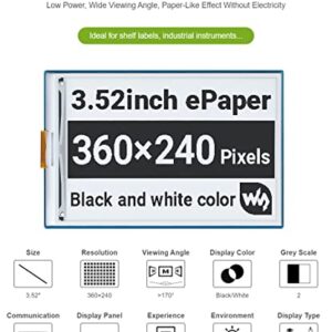 Waveshare 3.52inch E-Paper HAT Compatible with Raspberry Pi 4B/3B+/3B/2B/B+/A+/Zero/Zero W/WH/Zero 2W Supports Jetson Nano 360 × 240 Resolution SPI Interface Black/White Dual Colors