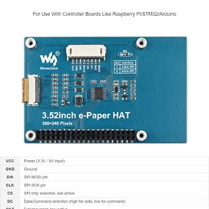 Waveshare 3.52inch E-Paper HAT Compatible with Raspberry Pi 4B/3B+/3B/2B/B+/A+/Zero/Zero W/WH/Zero 2W Supports Jetson Nano 360 × 240 Resolution SPI Interface Black/White Dual Colors