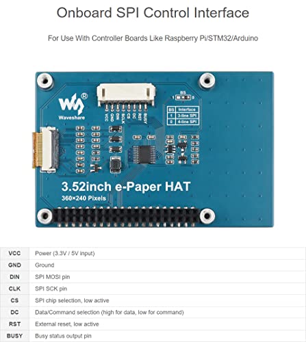 Waveshare 3.52inch E-Paper HAT Compatible with Raspberry Pi 4B/3B+/3B/2B/B+/A+/Zero/Zero W/WH/Zero 2W Supports Jetson Nano 360 × 240 Resolution SPI Interface Black/White Dual Colors