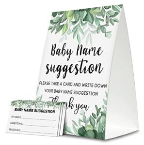 baby name suggestion for baby shower games, greenery themed name suggestion game card, party favors supplies decorate for baby showers game cards, 1 sign & 50 cards per pack –(bbname-004)