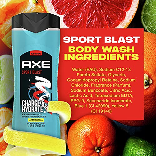 Axe Body Wash Charge & Hydrate Sports Blast Energizing Citrus Scent Men's Body Wash, 100 percent Recycled Bottle 16 oz 4 Count