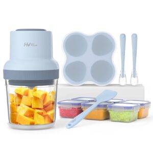 heyvalue baby food maker, 13-in-1 baby food processor sets, baby food puree blender for fruit, vegatable, meat, with baby food containers, freezer tray, silicone spoons, silicone spatula (light blue)