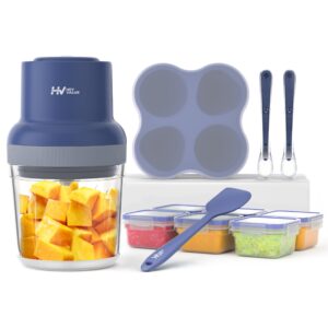 heyvalue baby food maker, 13-in-1 baby food processor sets, fruit, vegatable, meat, food puree blender with baby food containers, food freezer tray, silicone spoons, silicone spatula (dark blue)