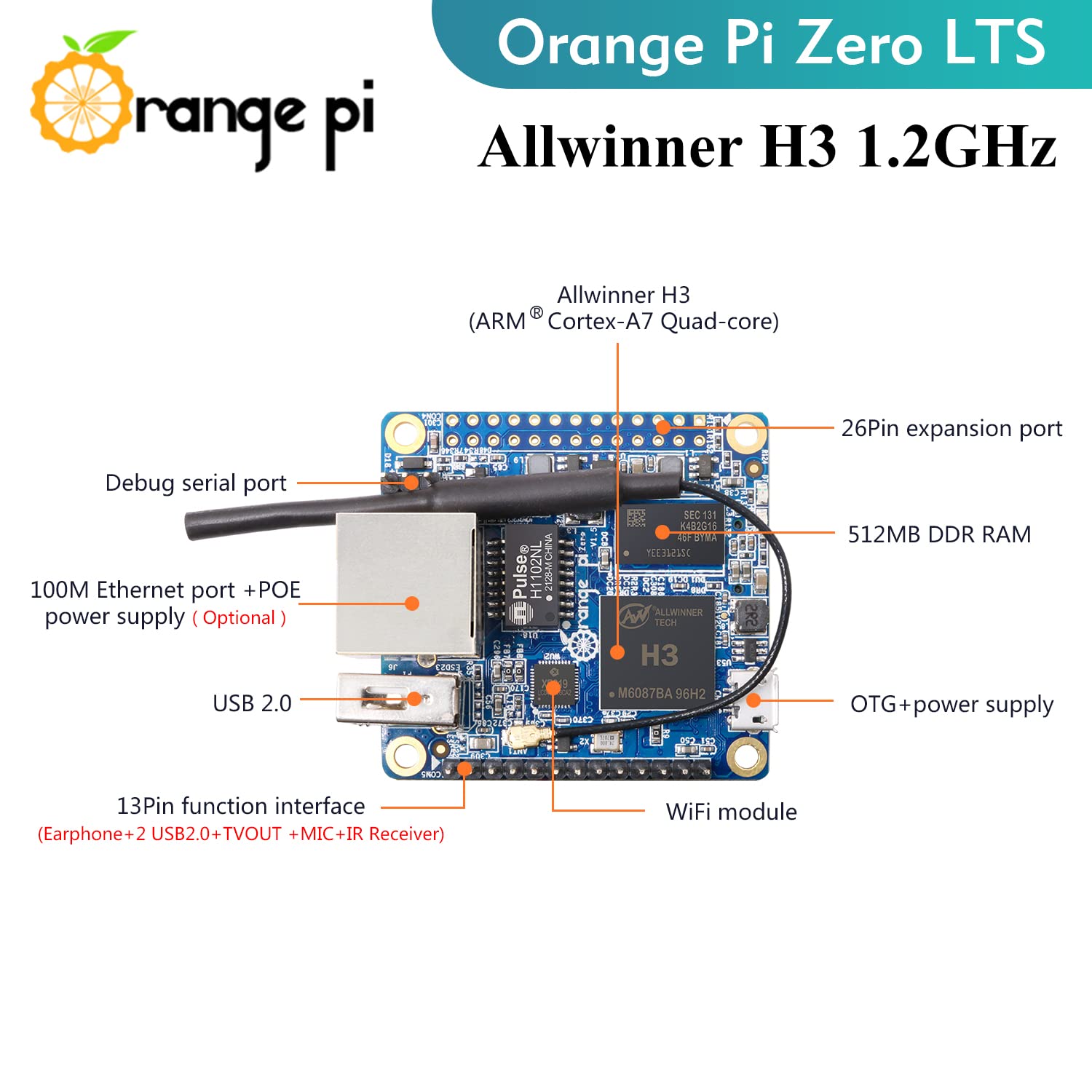 Orange Pi Zero LTS 512MB DDR3 AllWinner H3 Quad-Core A7 Single Board Computer, WiFi Support, Open Source Development Board Microcontroller Mini PC Run Android/Lubuntu/Debian (Zero LTS+Case)