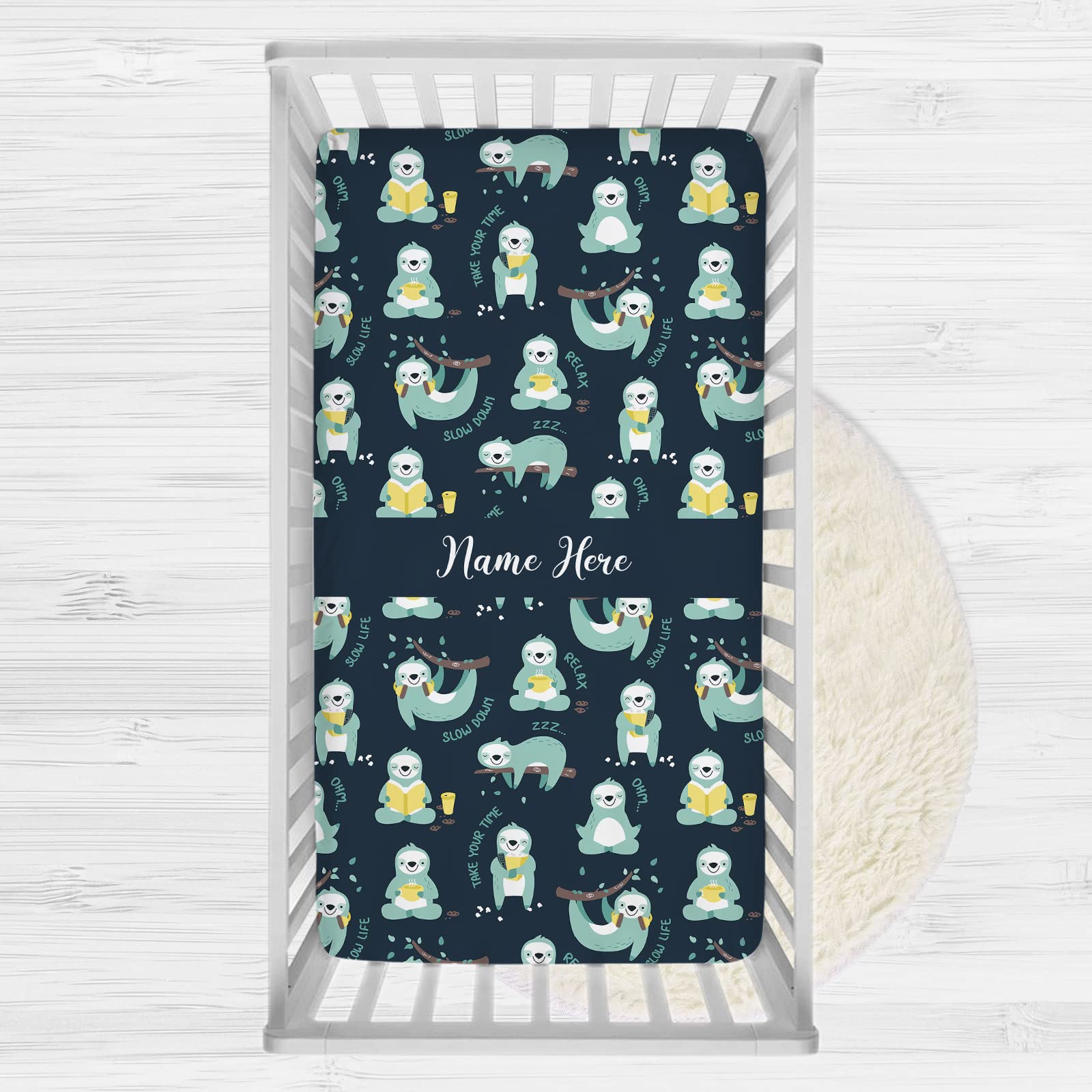 Personalized Lazy Sloth Baby Crib Sheets with Name, Customized Fitted Crib Bedding Sheets for Baby Boys Girls, Pack and Play Sheets, Crib Mattress Sheets, Mini Crib Sheet | Name Crib Sheets