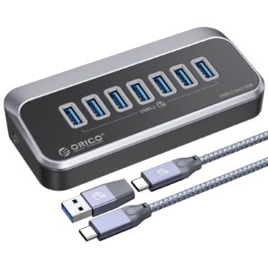 orico usb hub 10gbps with 7 usb a ports, usb 3.2 gen 2 hub with 1.64ft usb-c cable and usb-a adapter usb splitter for imac, all macbooks, mac mini-plastic version