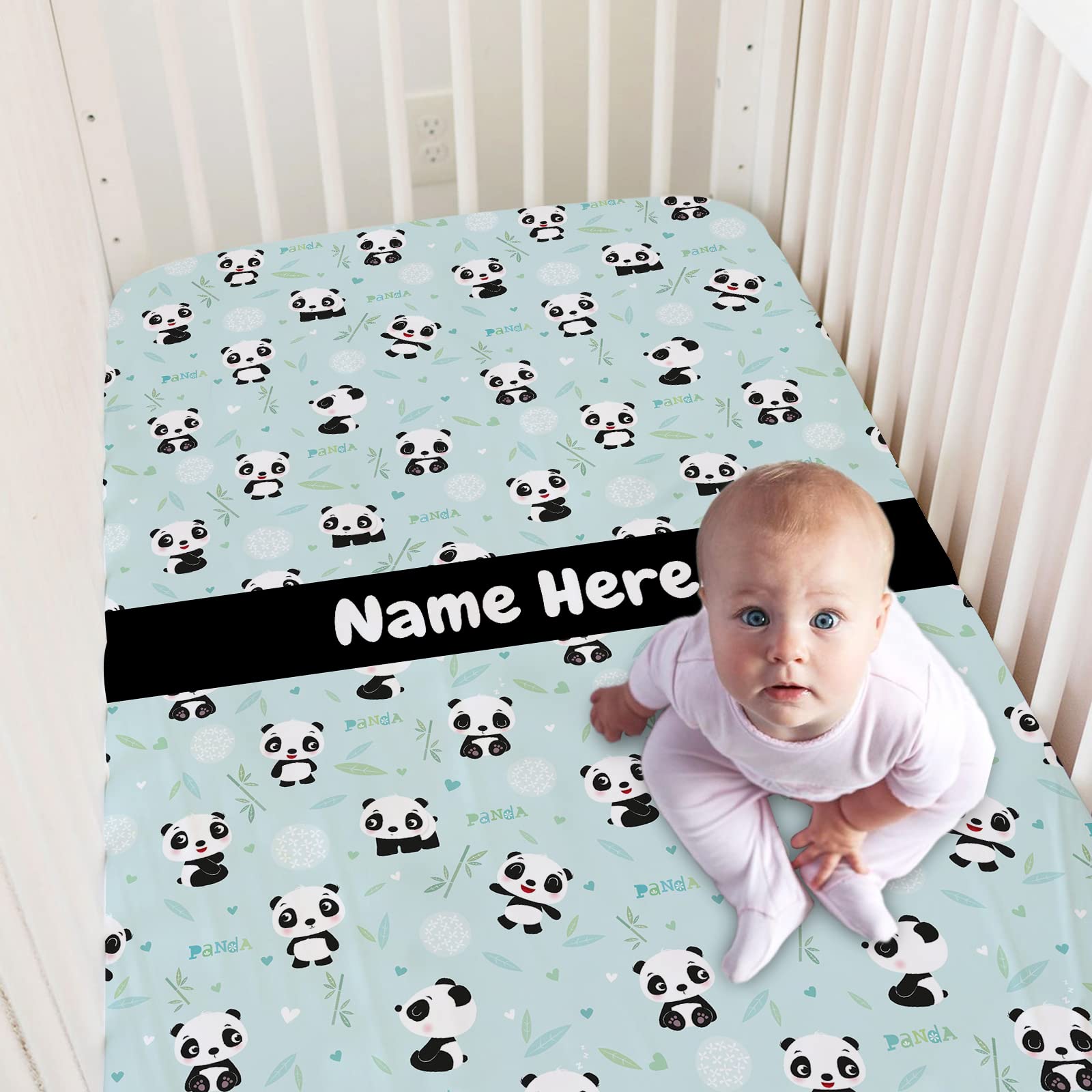 Personalized Cute Panda Baby Crib Sheets with Name, Customized Pack and Play Sheets for Baby Boys Girls, Crib Mattress Sheets, Fitted Crib Bedding Sheets, Mini Crib Sheet | Name Crib Sheets