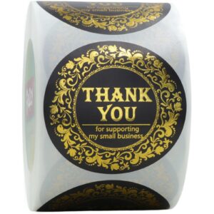 2 inch thank you stickers small business with gold floral frame, 500 gold foil round sticker labels roll for small business packaging supplies, black thank you sticker tags, small business stickers