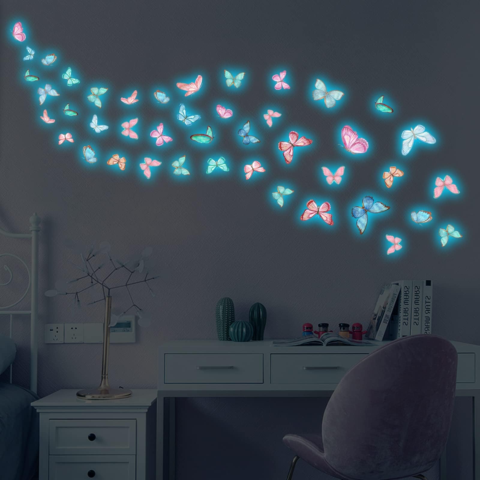 Glow in The Dark Butterfly Wall Decals Blue Luminous Butterfly Wall Stickers Wall Art Butterfly Decor DIY Wall Decals for Kids Girls Bedroom Bathroom Decorations